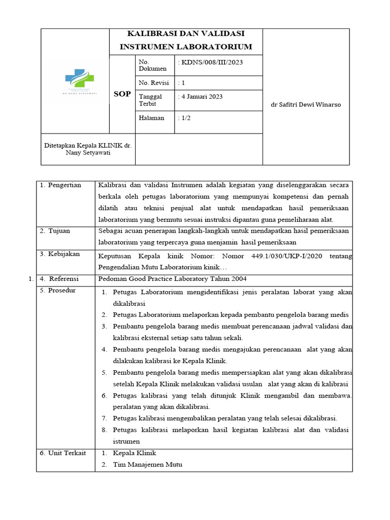 SOP KAlibrasi Dan Validasi Instrument | PDF