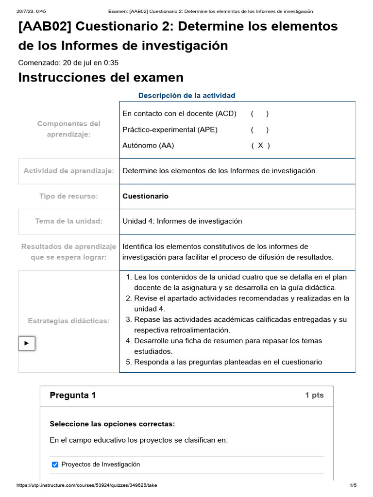 Examen - (AAB02) Cuestionario 2 - Determine Los Elementos de Los Informes de Investigación | PDF ...