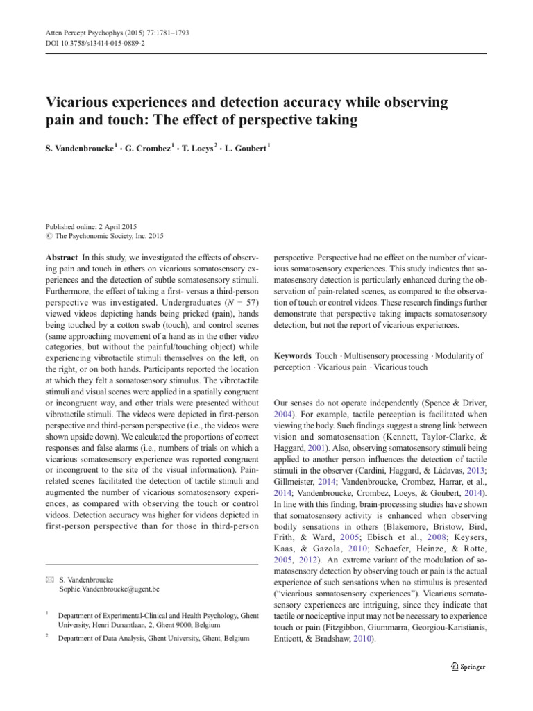 Vicarious Experiences and Detection Accuracy While Observing Pain and Touch The Effect of ...