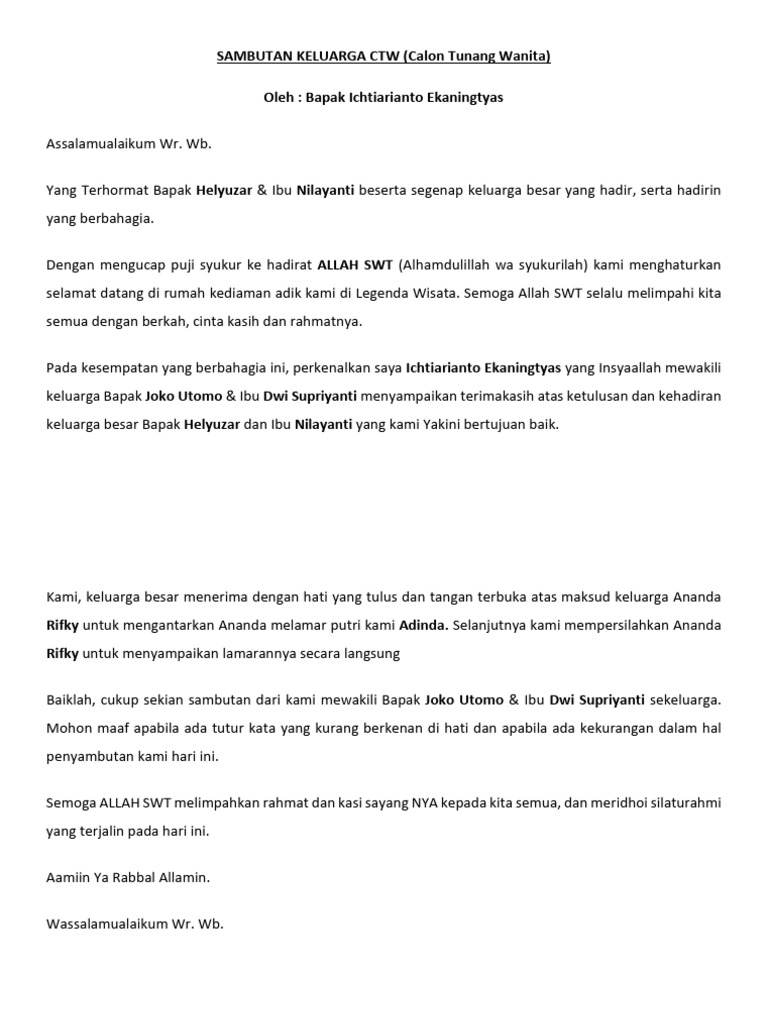 Sambutan Lamaran Keluarga CTW | PDF