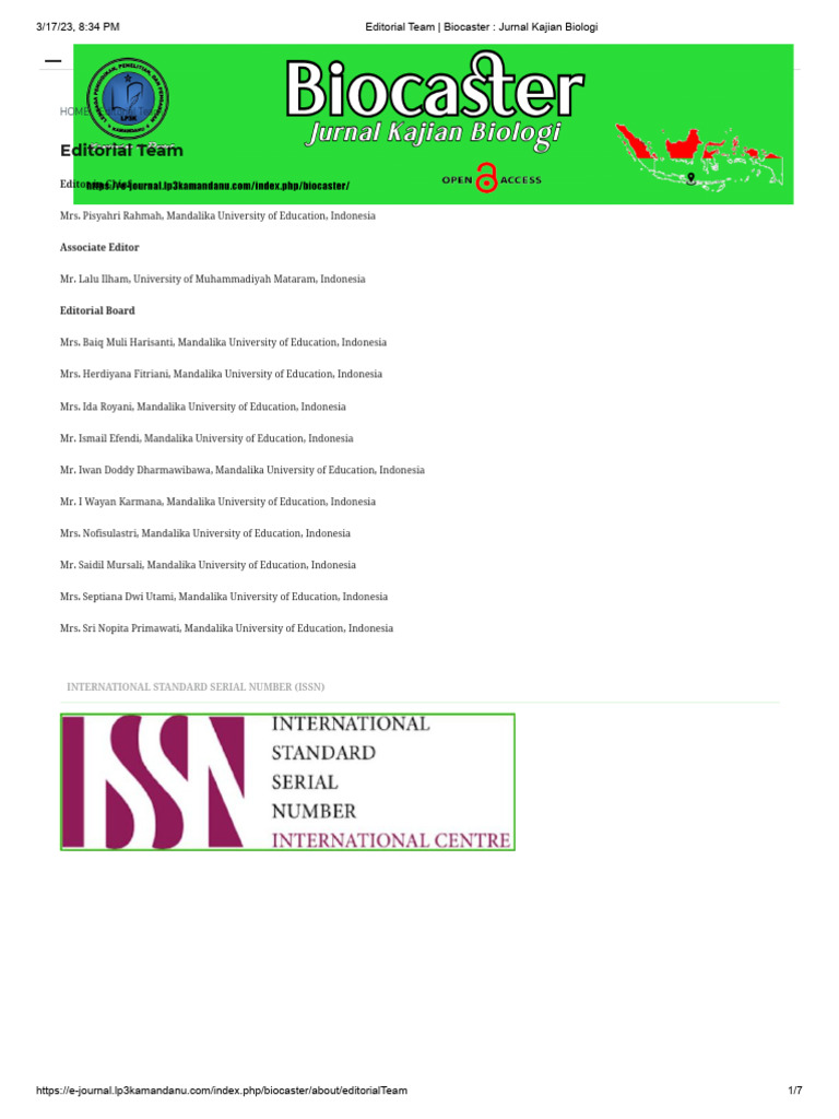 Editorial Team - Biocaster - Jurnal Kajian Biologi | PDF | Science | Publishing