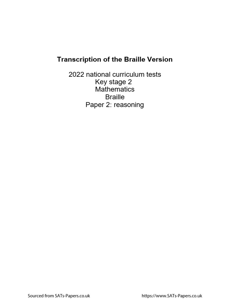 STA228418BTe 2022 ks2 Mathematics Braille Transcript Paper2 Reasoning ...
