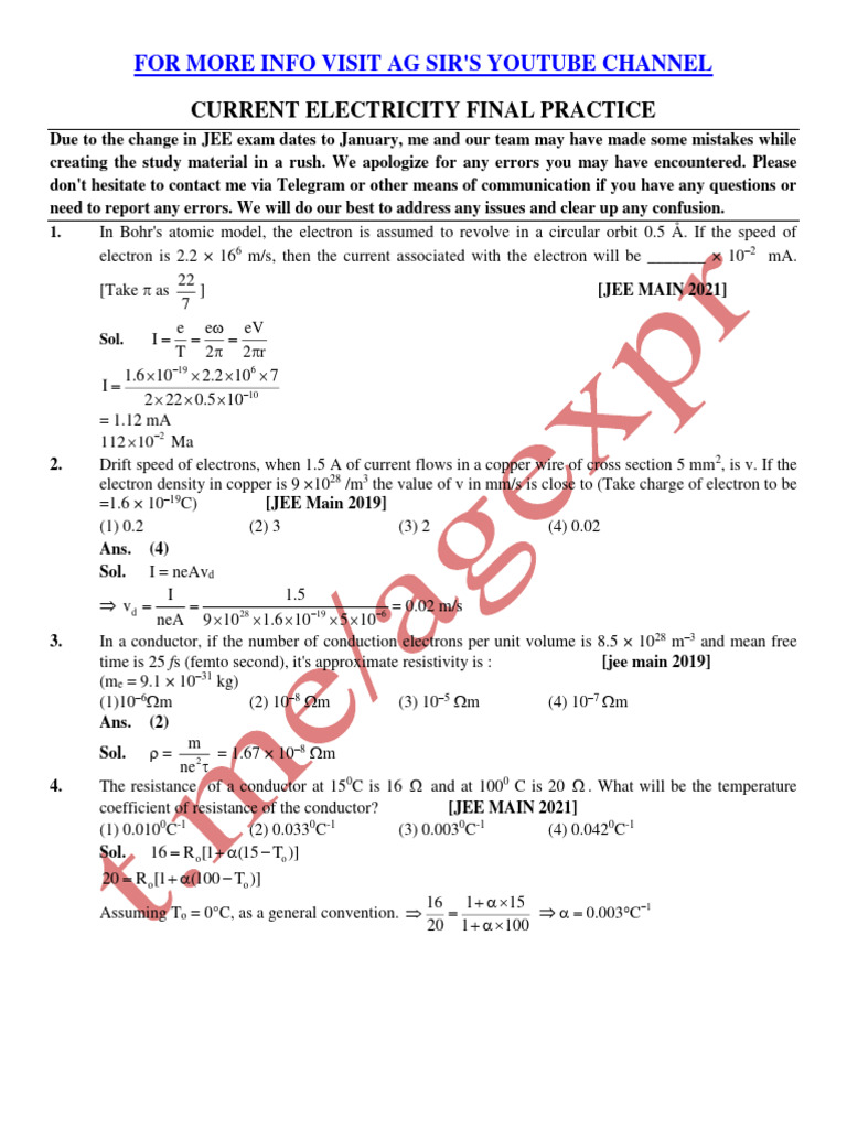 Current Electricity With Soultion Assignment | PDF