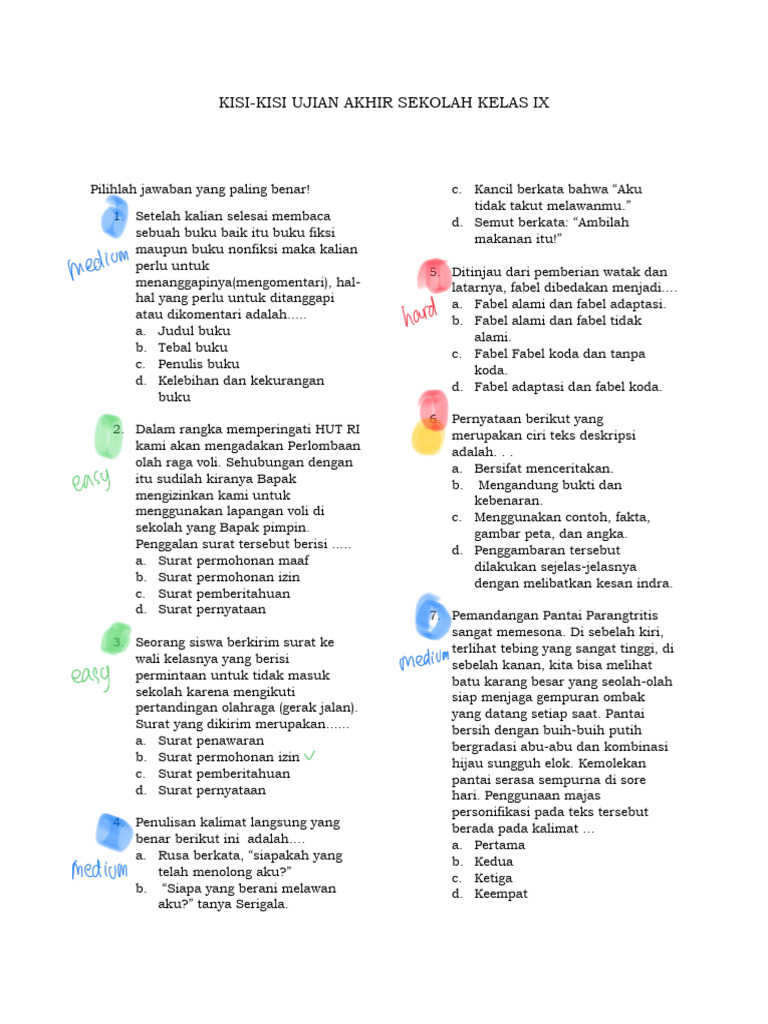 LATIHAN KISI KISI UJIAN AKHIR SEKOLAH 2022 KELAS IX Dikonversi | PDF | Seni & Disiplin Bahasa ...