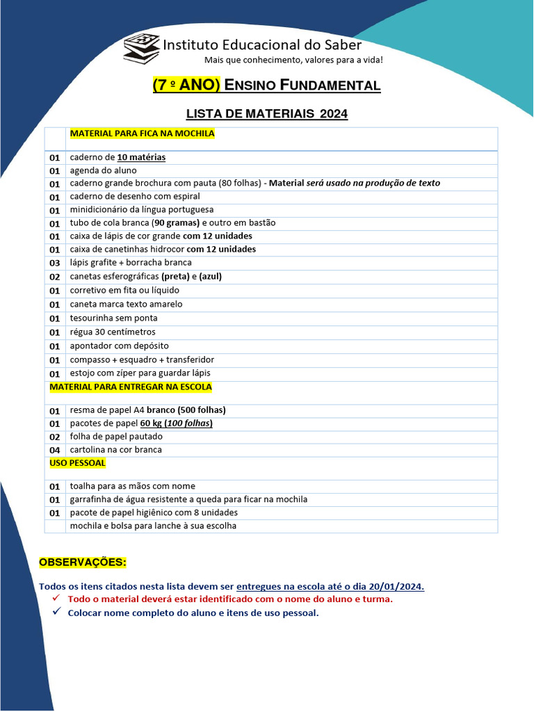 Lista - 7º Ano - 2024. | PDF | Casa e Jardim