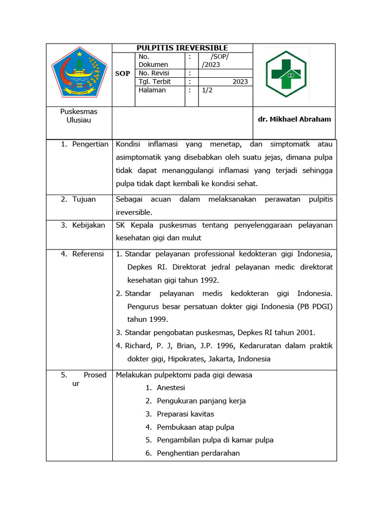 Sop Pulpitis Ireversible | PDF
