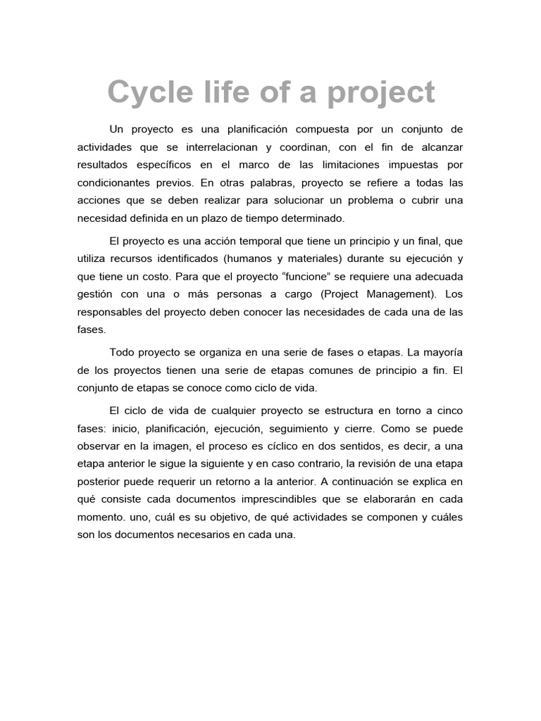 Ciclo De Vida De Un Proyecto Esp Pdf Planificación Gestión De