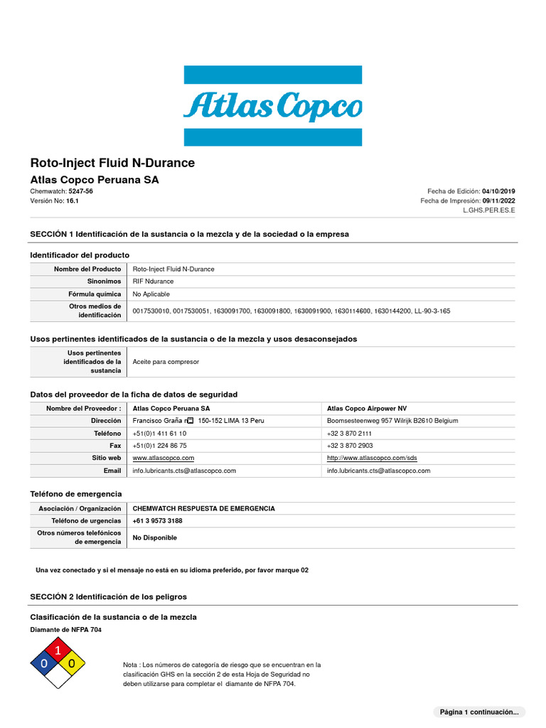 MSDS-ATL-CTS-004 Roto-Inject Fluid N-Durance | PDF | Toxicología | Química