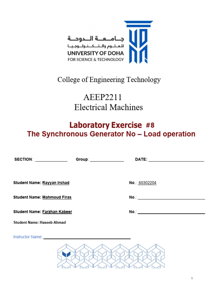 Experiment - 8 Synchronous Generator No-Load Operation | PDF | Electric Generator | Electric Motor