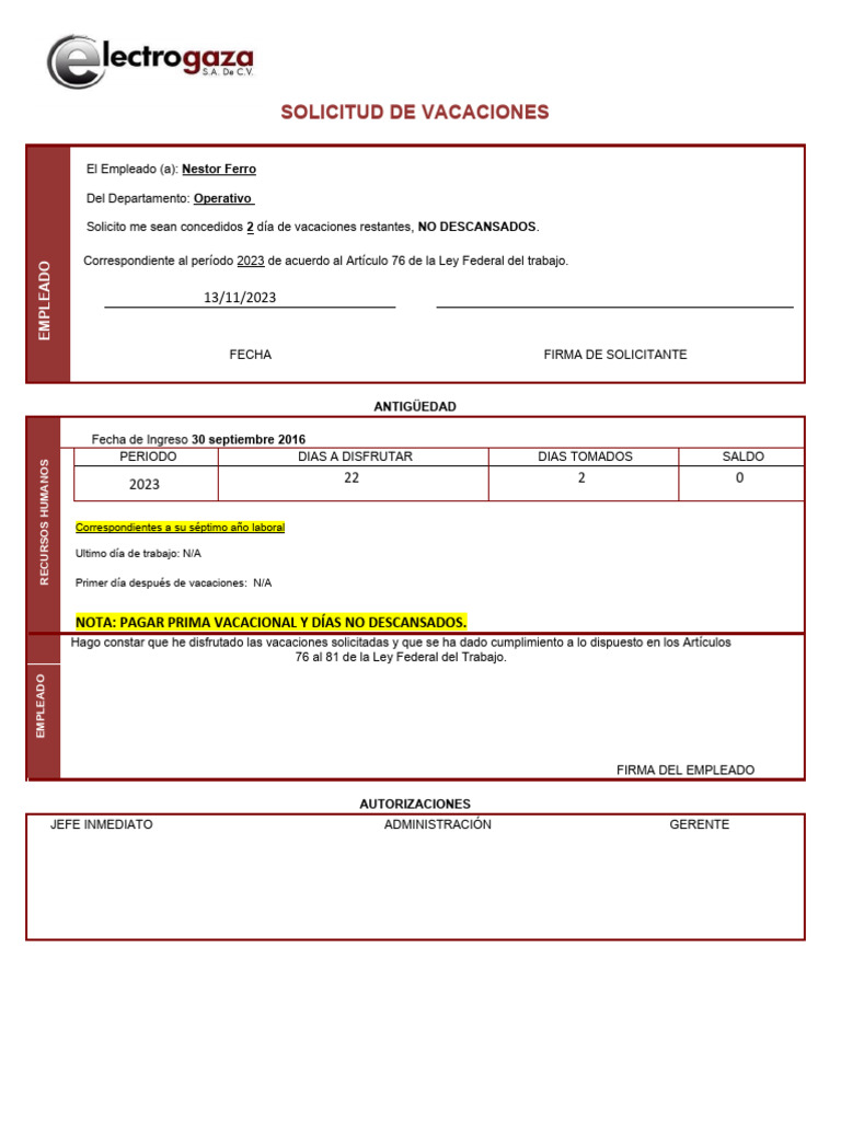 Formato Solicitud de Vacaciones Ejemplo | PDF