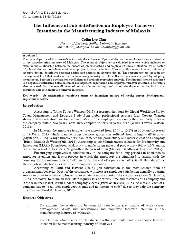 The Influence of Job Satisfaction On Employee Turnover Intention in The Manufacturing Industry ...