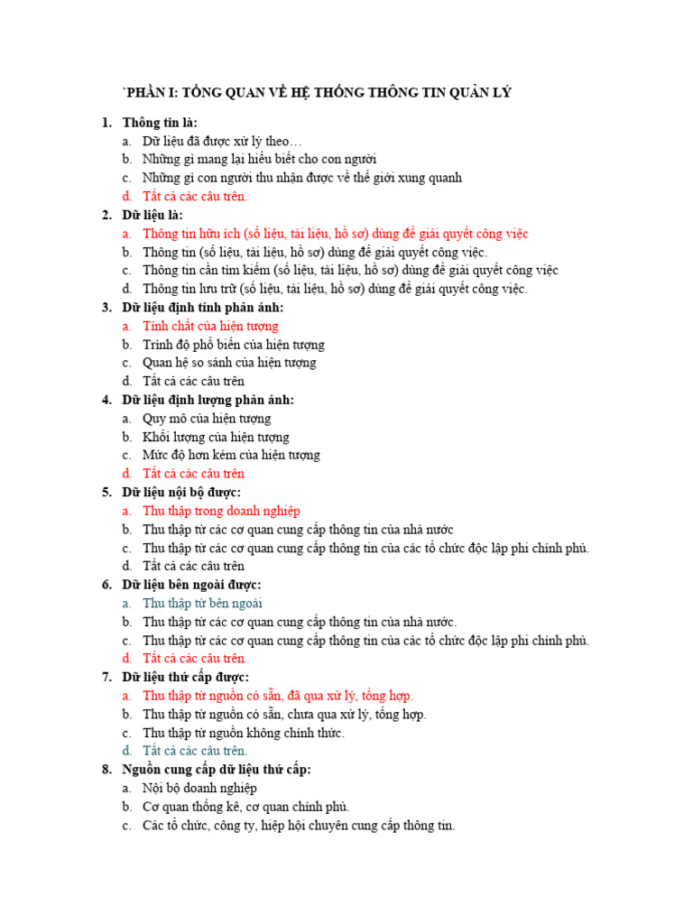 Cau Hoi On Tap He Thong Thong Tin Quan Ly 1 1 1 1 | PDF