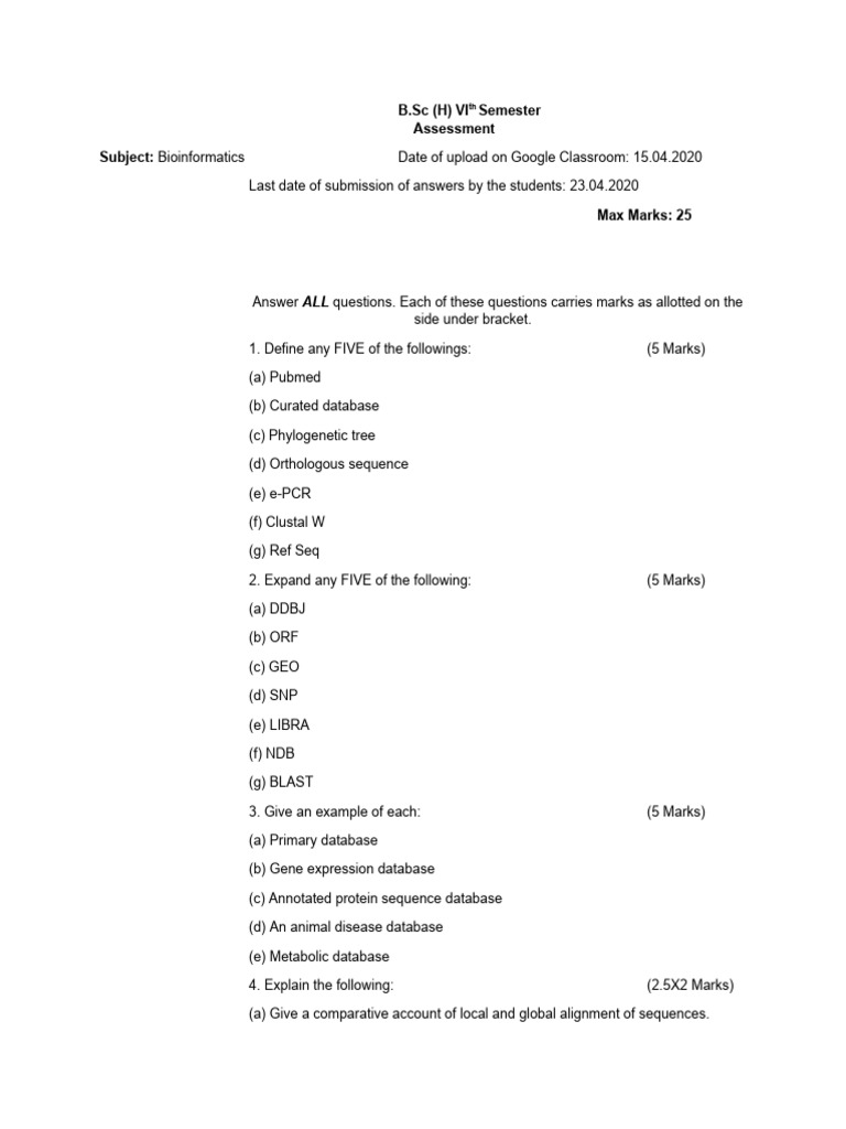 Bioinformatics Exam Guide | PDF | Teaching Methods & Materials