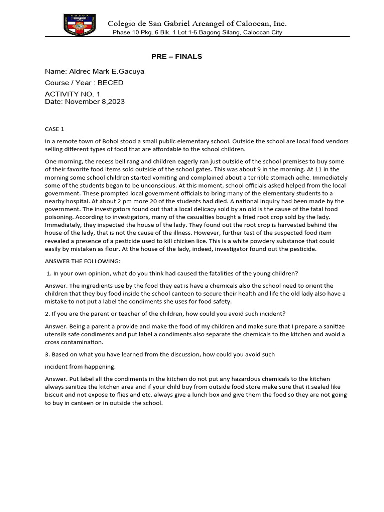 Health Nutrition and Safety Activity 1 Pre Finals | PDF | Food And Drink | Safety