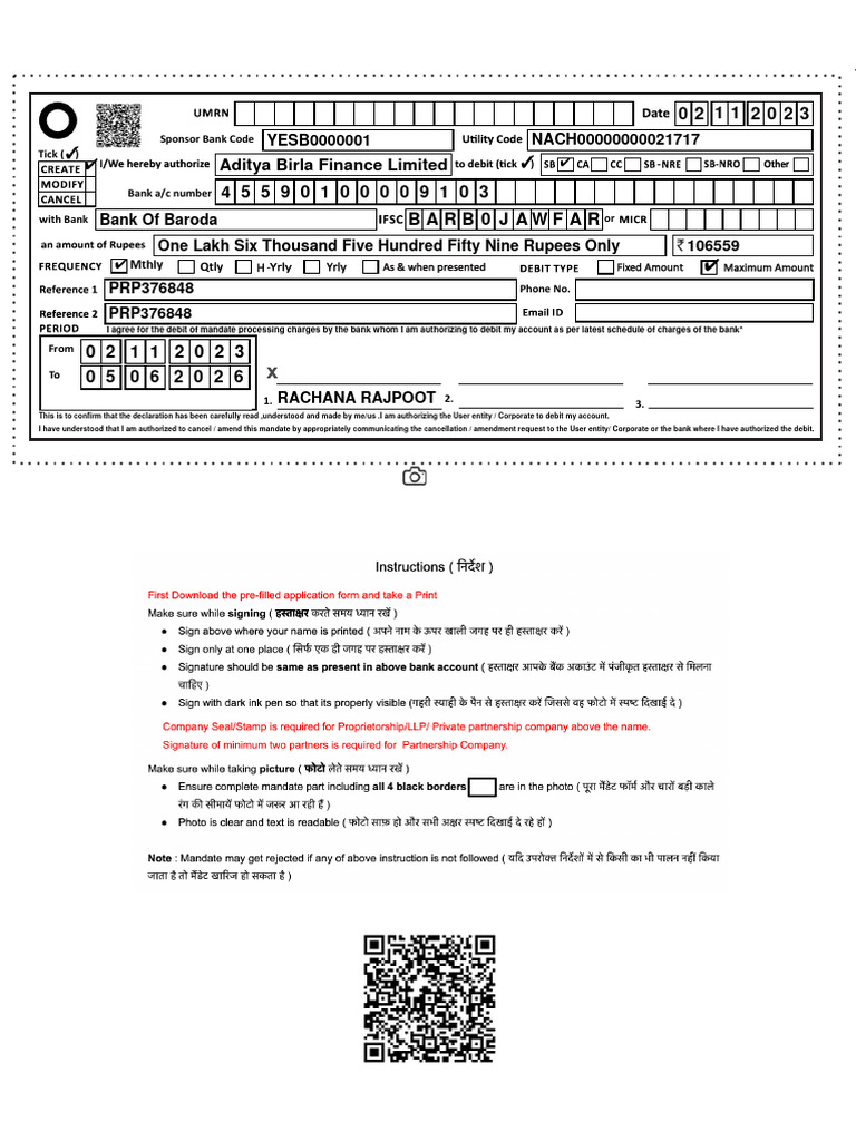 E-NACH Mandate Form for Aditya Birla | PDF