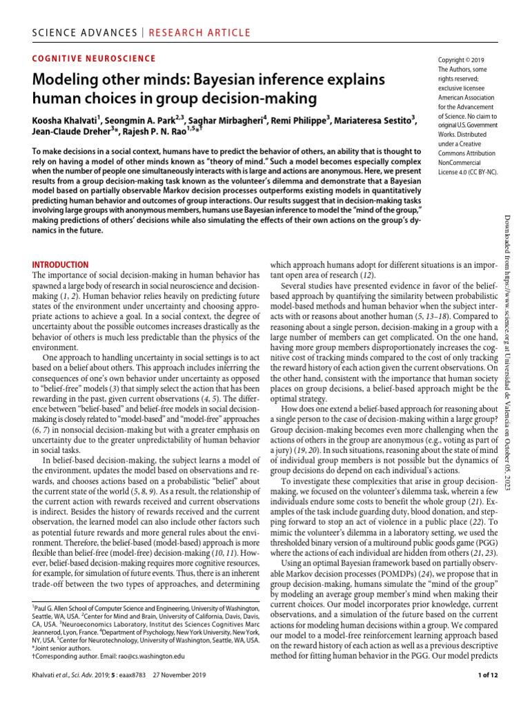 Khalvati 2019 Bayesian Inference Explains Human Choices in Group ... Khalvati 2019 Bayesian Inference Explains Human Choices in Group ...