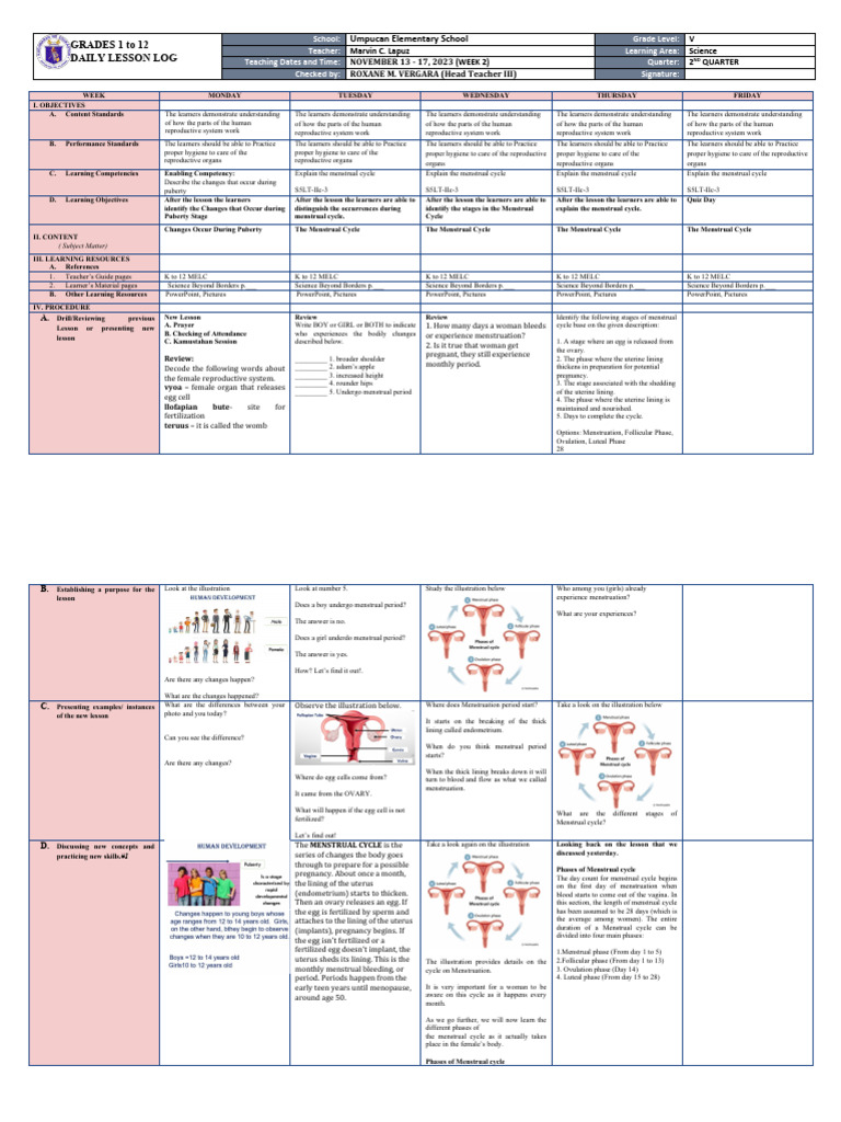 DLL Week 3 Science | PDF | Menstrual Cycle | Human Reproduction