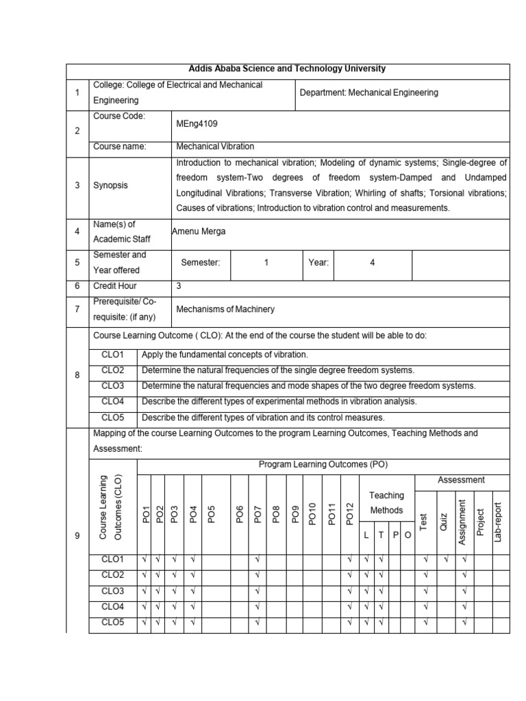 Addis Ababa Science and Technology University Course Outline | Download ...