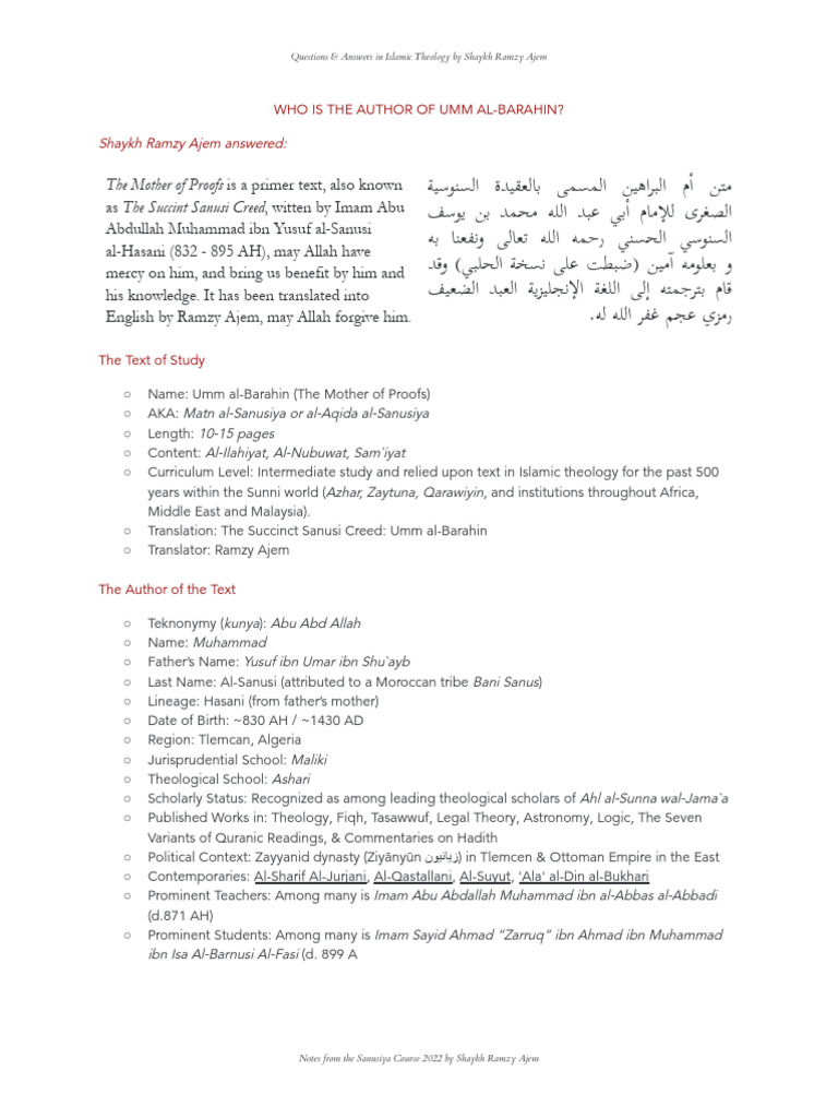 Who Is The Author of Umm Al-Barahin? Answered By: Ramzy Ajem | PDF | Sunni Islam | Sheikh