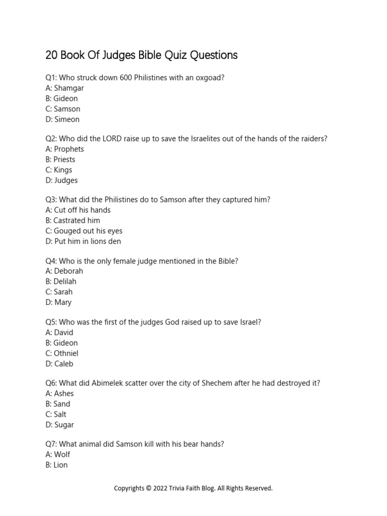 Judges Bible Quiz Questions & Answers | PDF | Samson | Book Of Judges