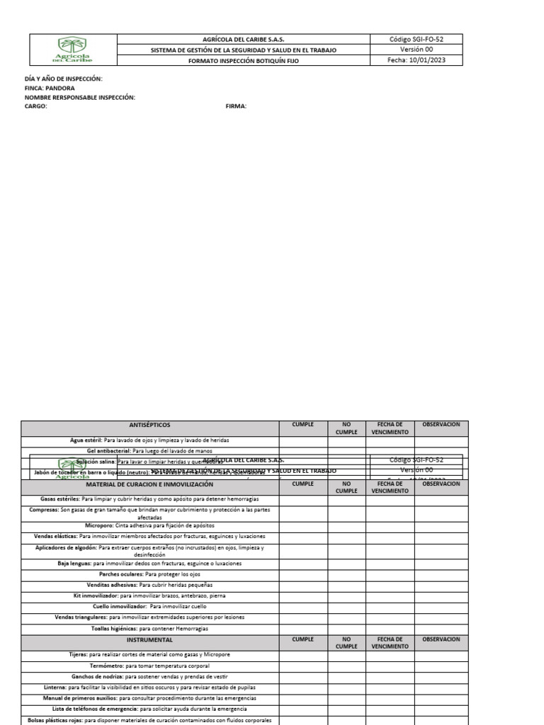 SGI-FO-52 Formato Inspeccion Botiquin Fijo | PDF | Lavado de manos | Higiene
