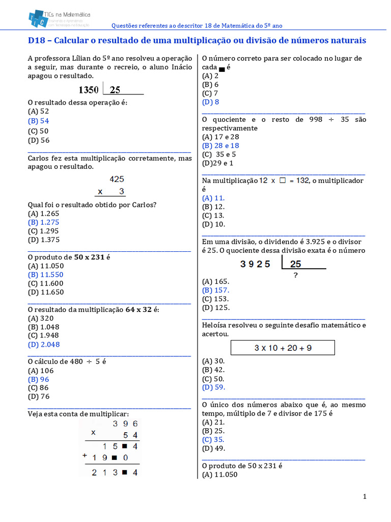 Descritor 18 - Matemática 5º Ano-1 | PDF | Divisão (Matemática ...
