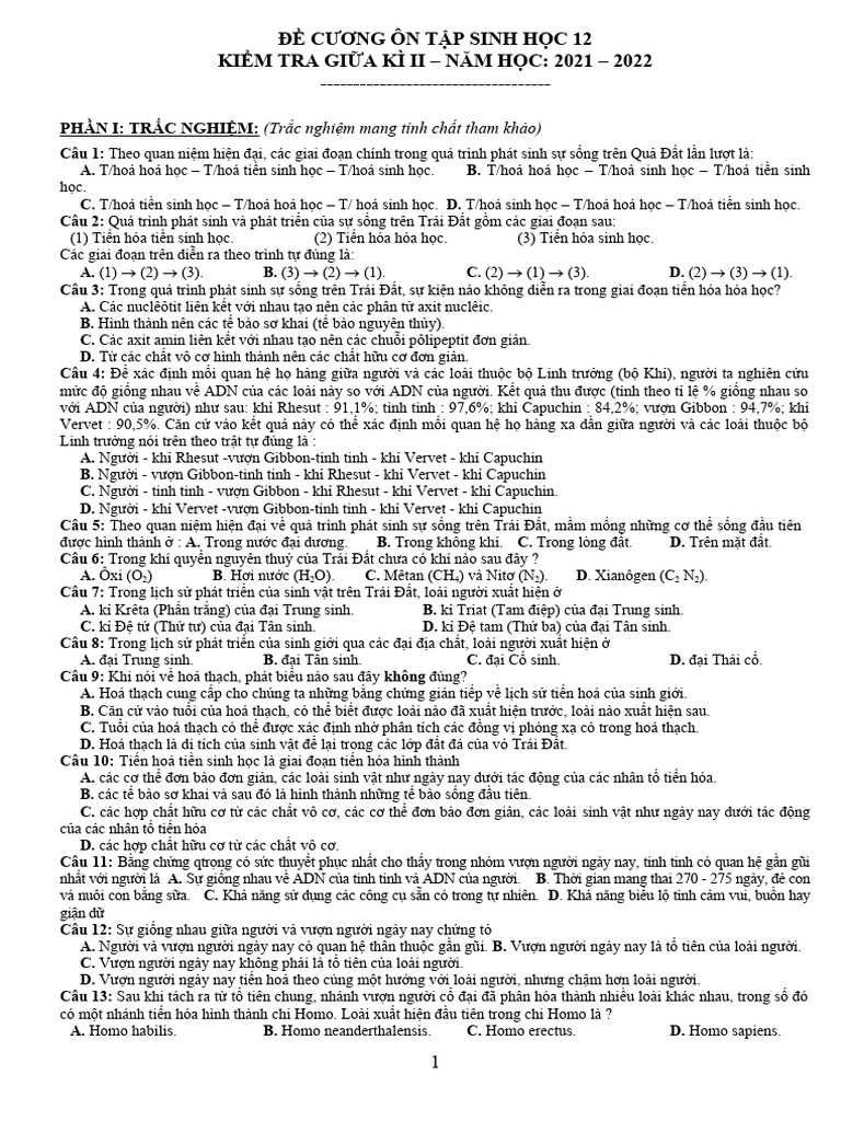 ĐỀ CƯƠNG KT GK 2 SINH 12 HS | PDF