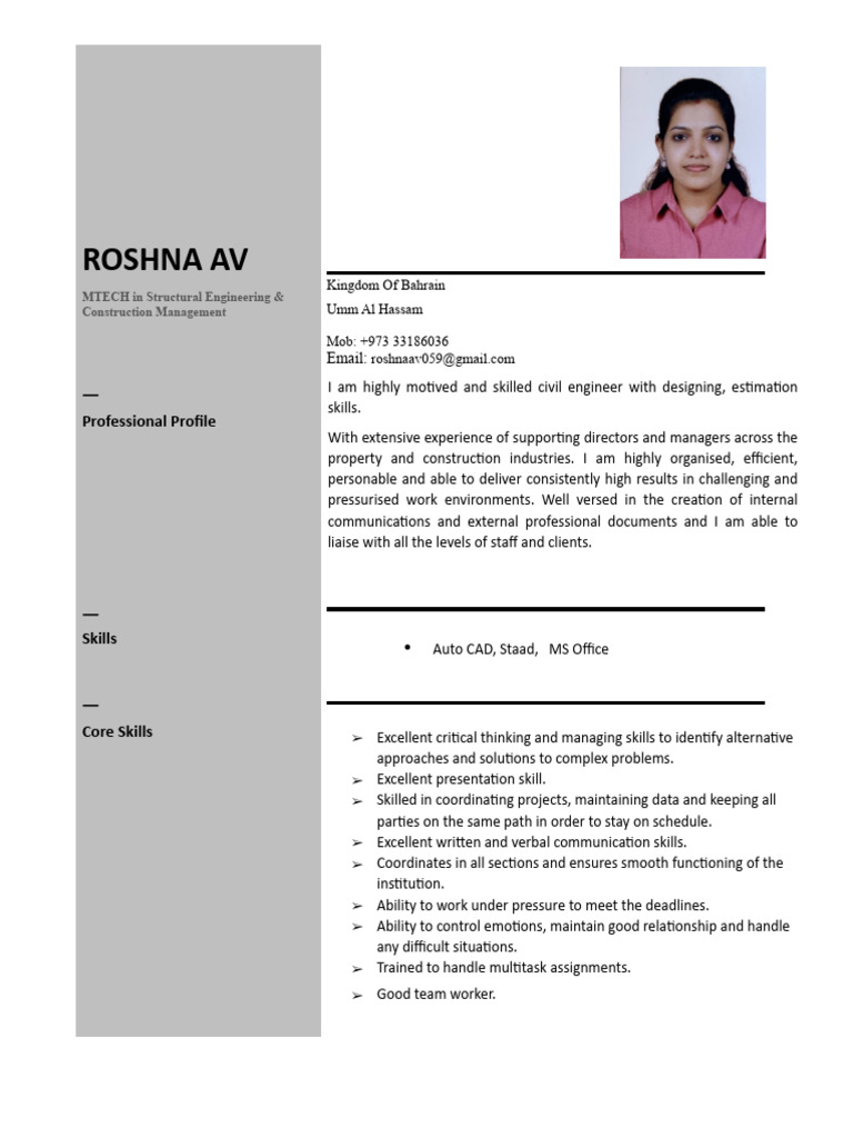 Roshna AV - CV | Download Free PDF | Engineering | Business
