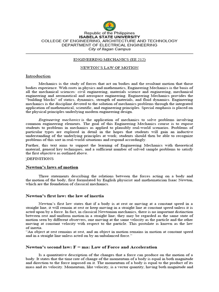 Emech Module 1 | PDF | Force | Newton's Laws Of Motion