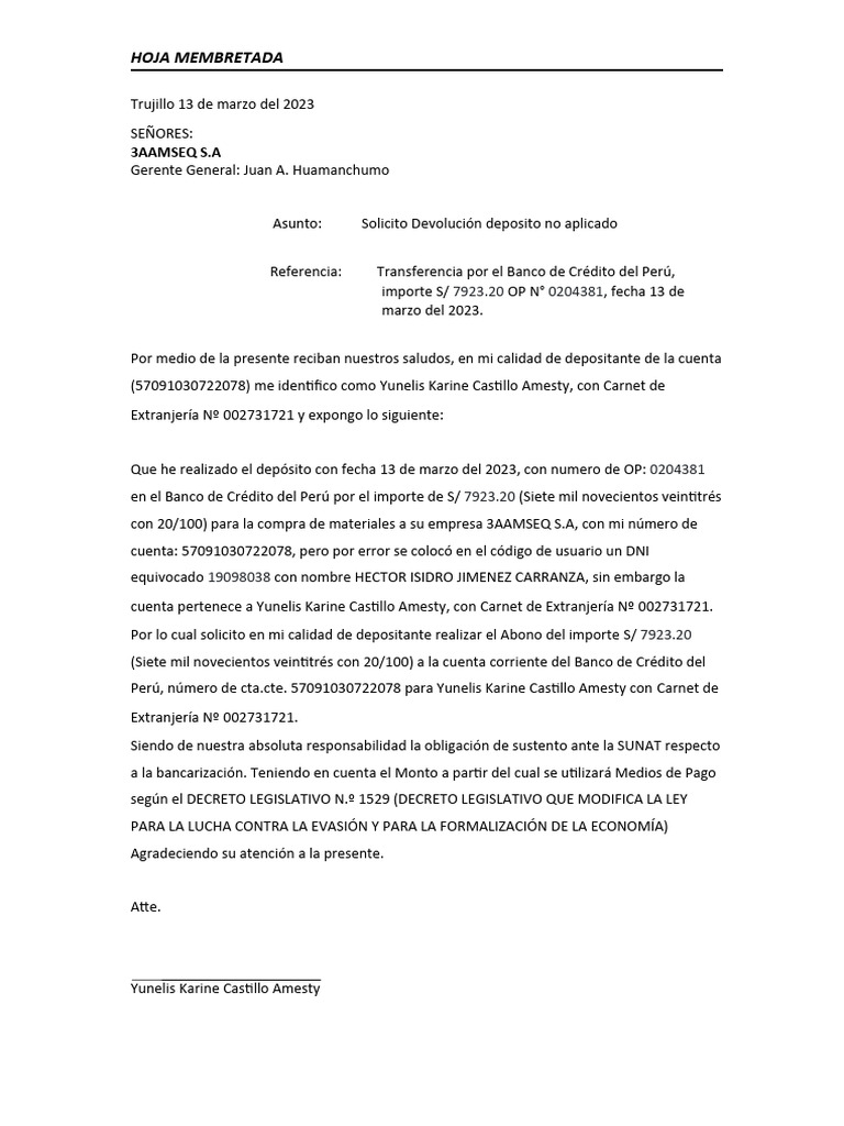 Carta de Devolucion | PDF | Finanzas y dinero | Derecho