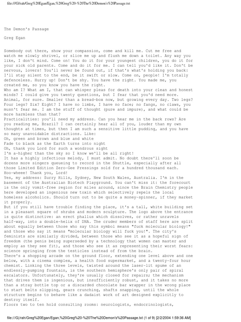 Greg Egan - The Demon' S Passage | PDF