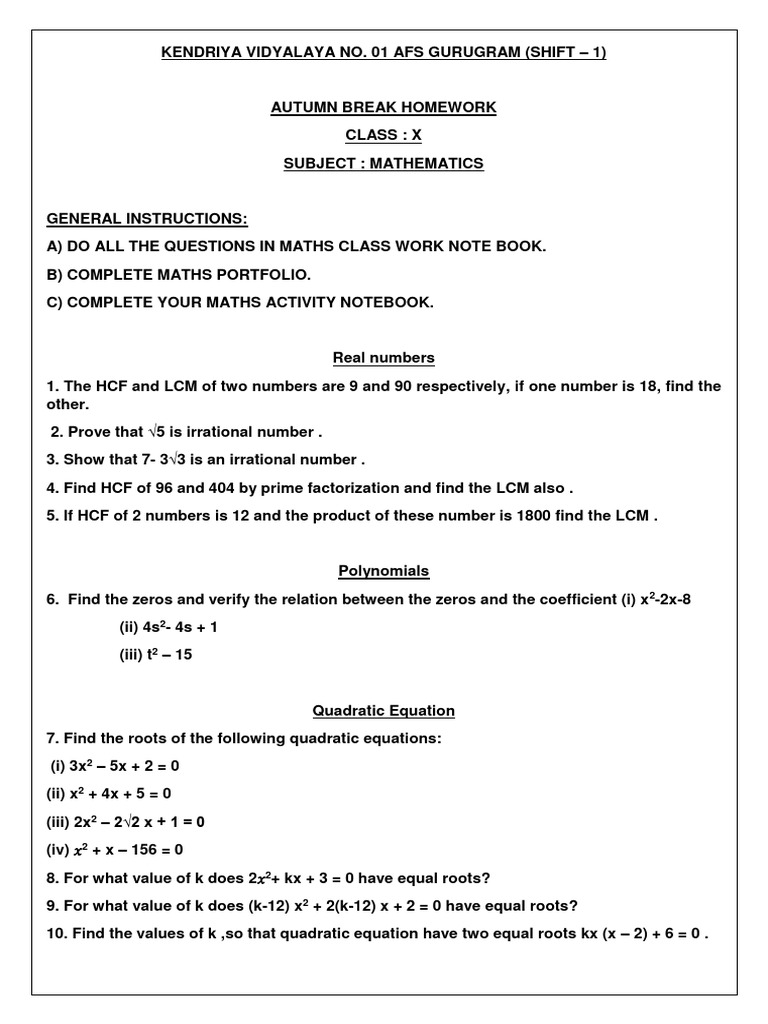 X Maths Autumn Break HW | PDF | Numbers | Area