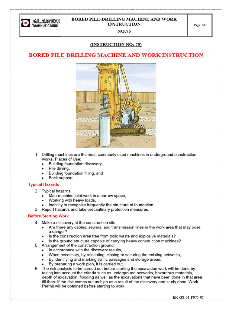 Bored Pile Drilling Machine and Work Instruction | PDF | Deep Foundation | Hazards