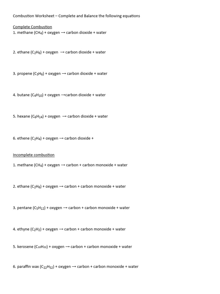 Complete and Incomplete Combustion Worksheet | PDF | Science ...