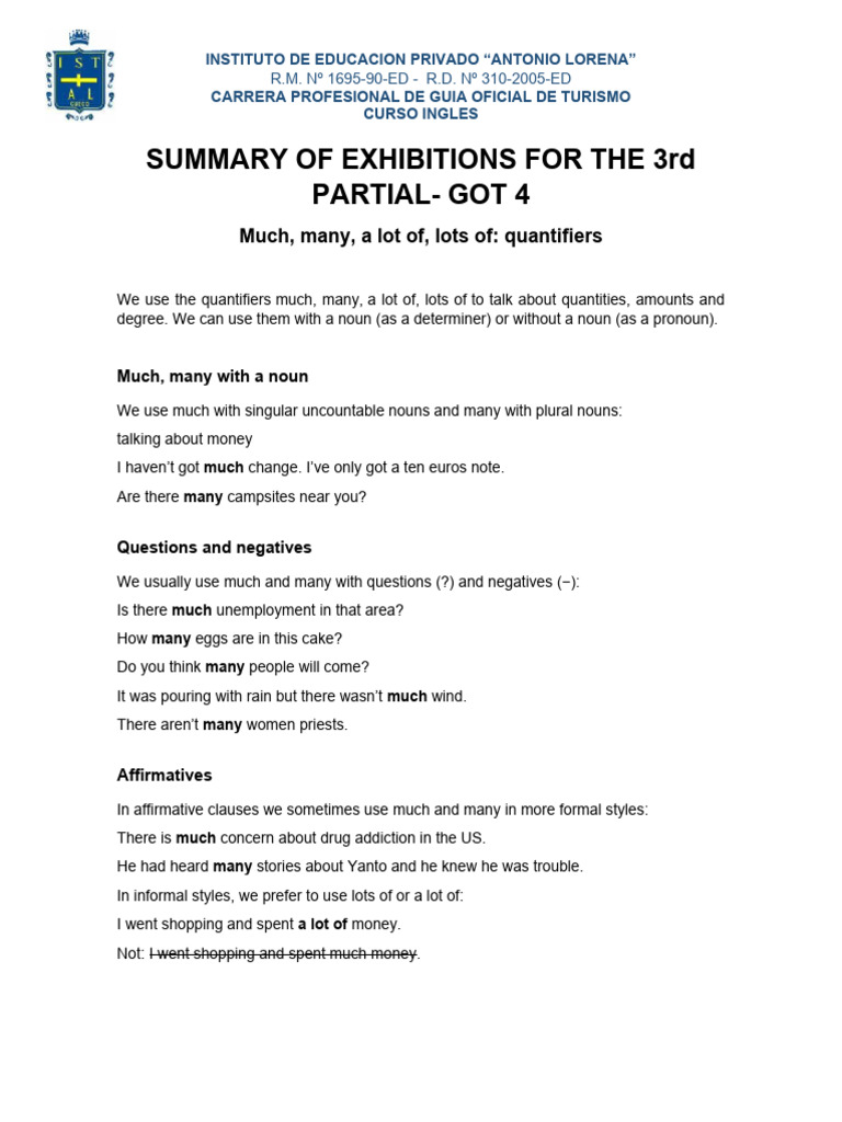 SUMMARY OF EXHIBITIONS FOR THE 3rd PARTIAL GOT 4 | PDF | Plural | Noun