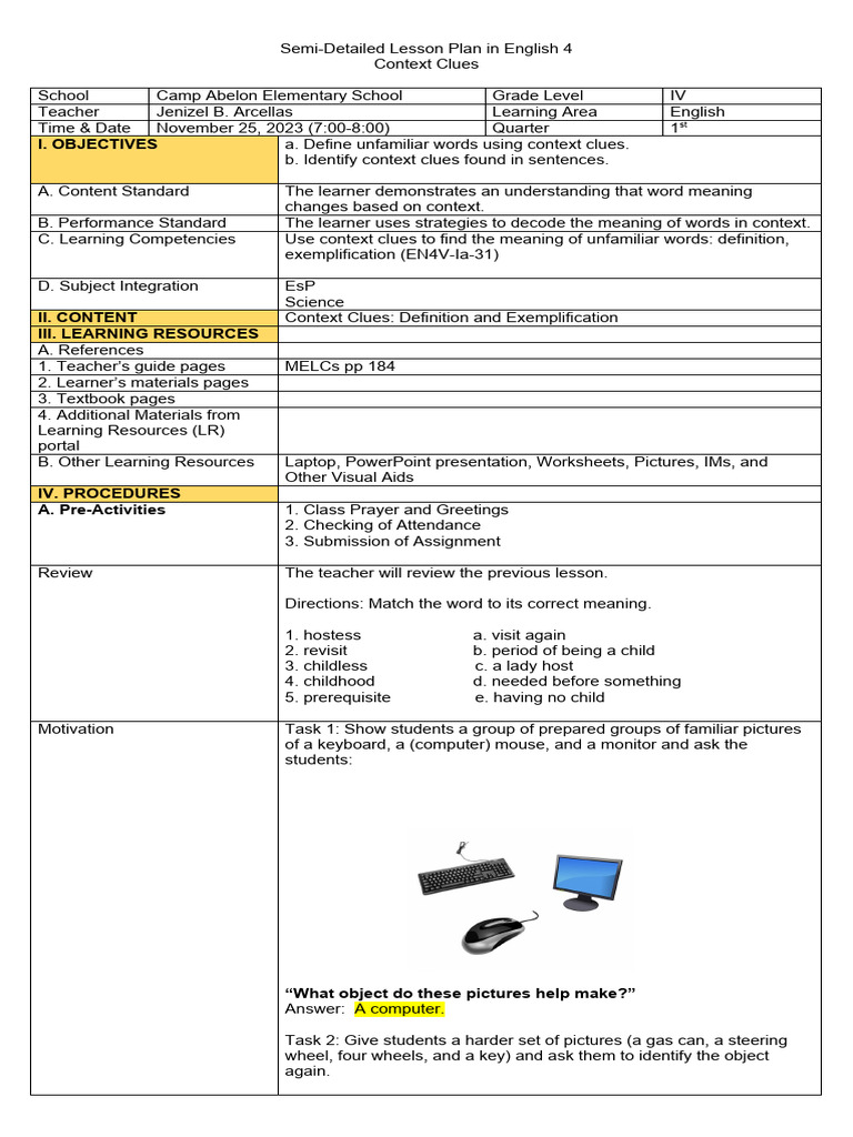 Lesson Plan in English 4 Context Clues | PDF | Lesson Plan | Learning