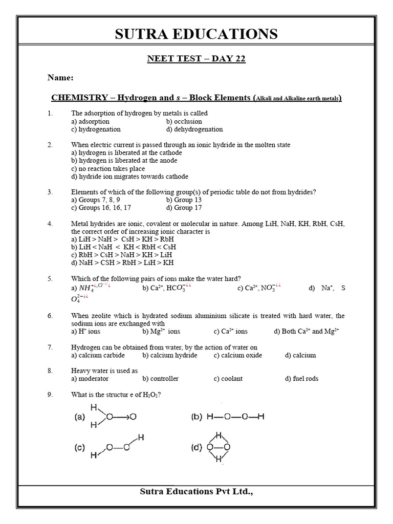NEET Day 22 Question Paper | PDF | Hydride | Calcium