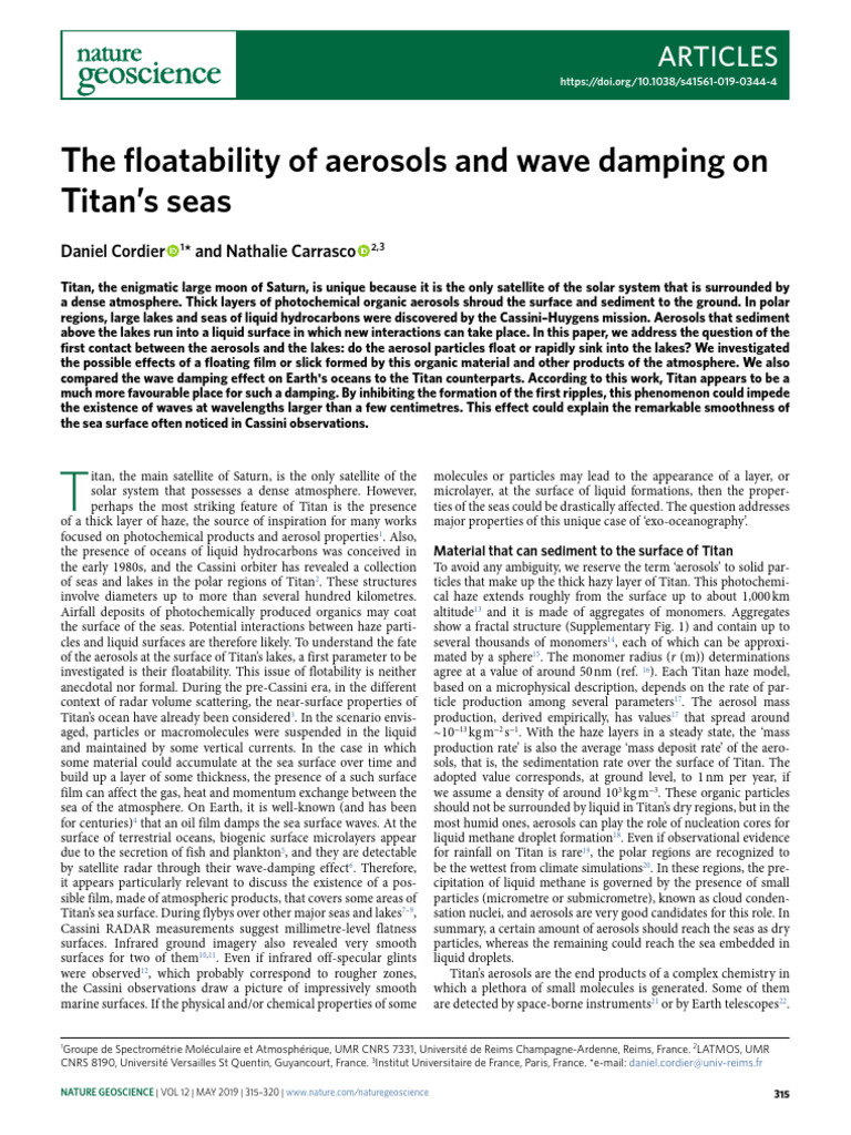 Cordier and Carrasco 2019 The Floatability of Aerosols and Wave Damping On Titan's Seas | PDF ...
