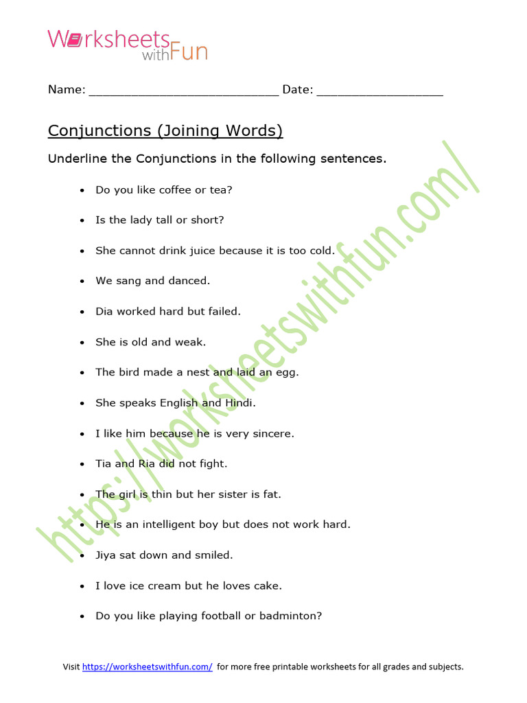 Conjunctions (Joining Words) Worksheet 1 | PDF
