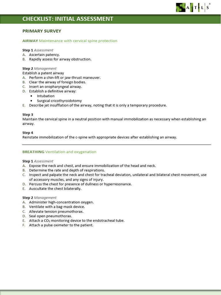 ATLS Primary Survey Checklist | PDF | Medicine | Clinical Medicine