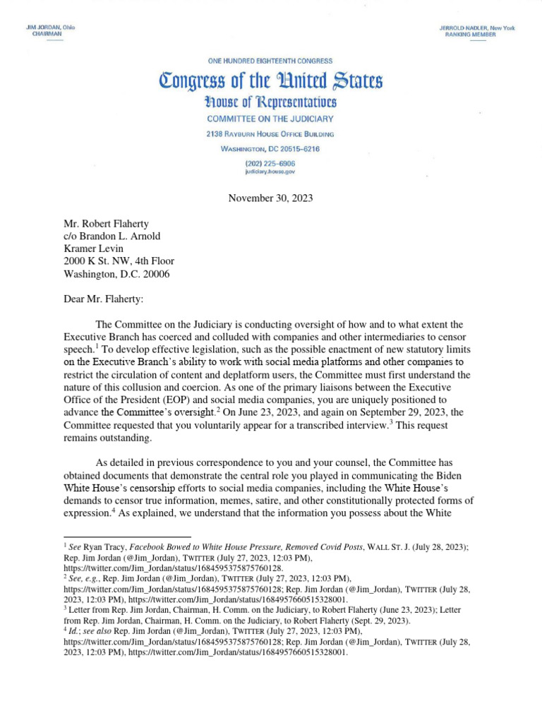 Jim Jordan Letter To Flaherty | PDF | Congressional Oversight | United ...