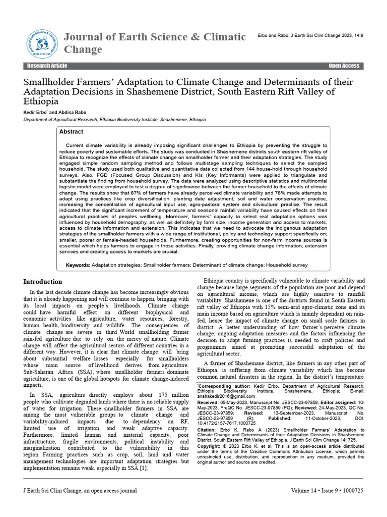 Smallholder Farmers Adaptation To Climate Change and Determinants of Their Adaptation Decisions ...