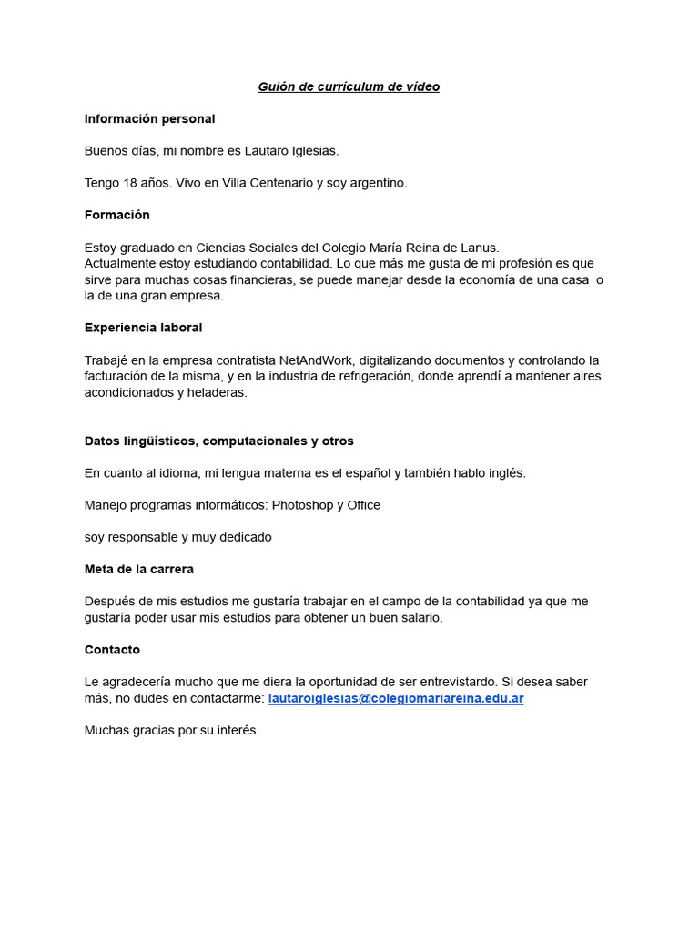 Guión Video Curriculum | PDF | Crecimiento personal y profesional | Negocios