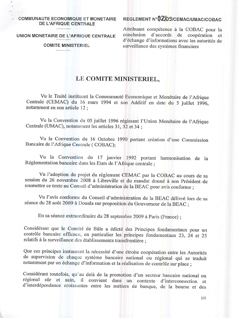 Règlement N°02-09-CEMAC Attribuant Compétence COBAC Conclusion Accords ...