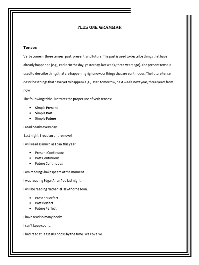 Kerala Class XI English Grammar Focus Area Based Notes | PDF | Perfect ...