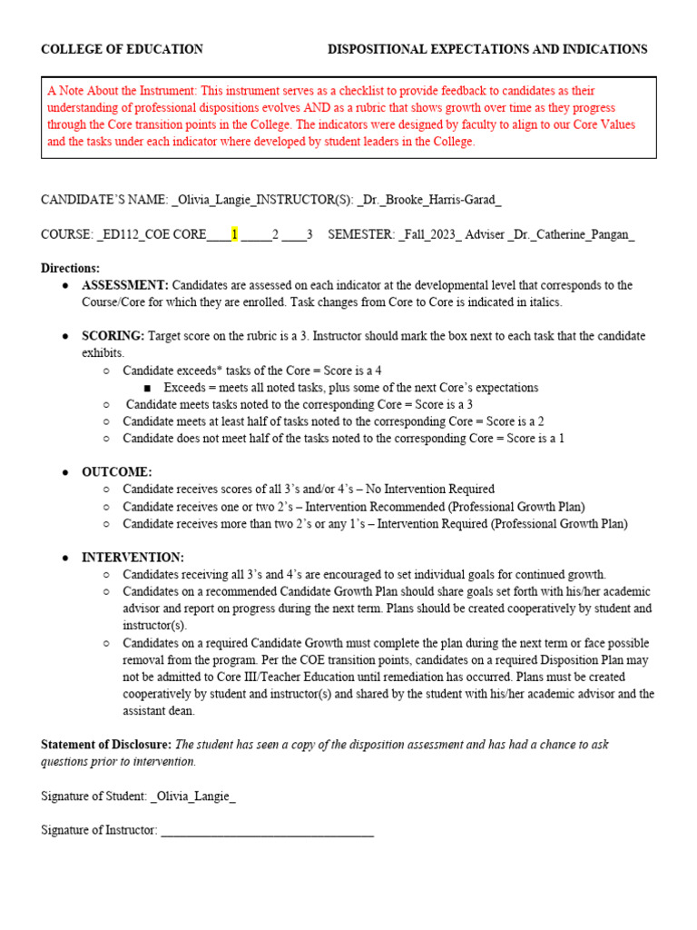 112-Disposition Indicator Rubric | PDF | Mentorship | Classroom Management