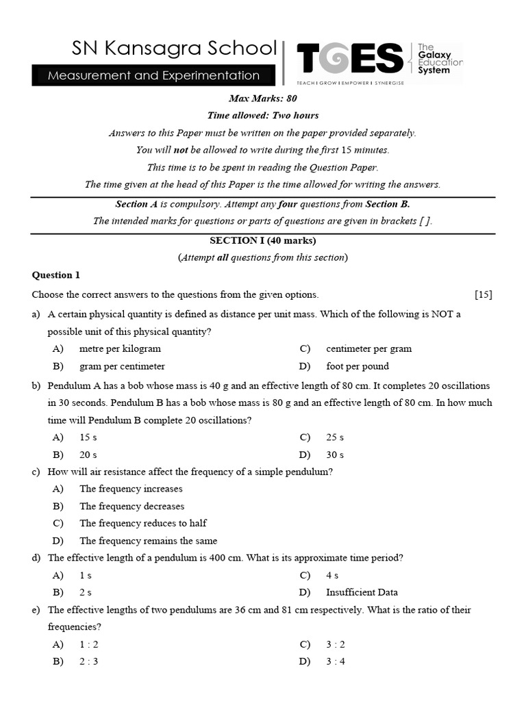 Physics Exam Paper | PDF | Pendulum | Physical Quantities
