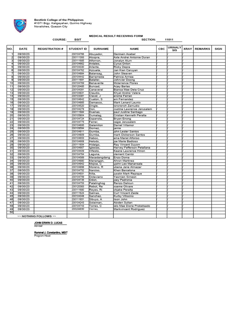Medical Result Receiving Form 1 | PDF