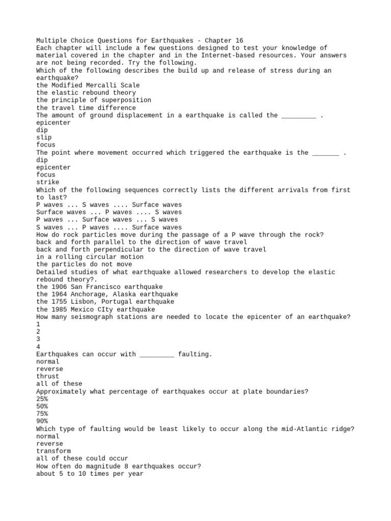Multiple Choice Questions For Earth | PDF | Earthquakes | Fault (Geology)