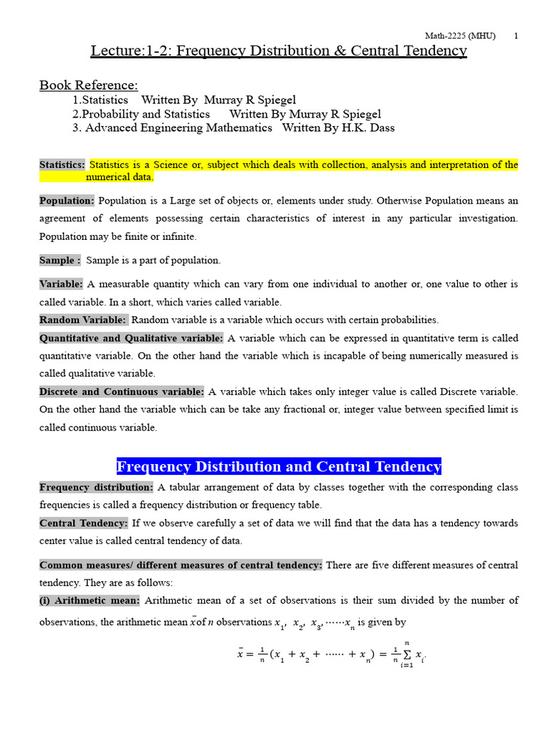 Lecture-1-2 Frequency Distribution & Central Tendency | PDF | Probability Distribution | Mean